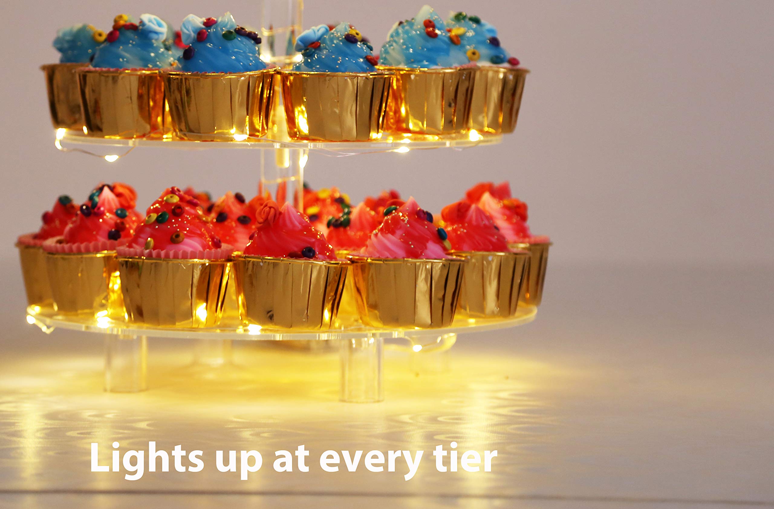 Jusalpha 5 Tier Circle Cupcake Stand With Light - Premium Cupcake Holder - Acrylic Cupcake Tower - Ideal for Weddings Birthday Parties, Candy Bar Decor 5RF-S (LED Light Option: Battery)