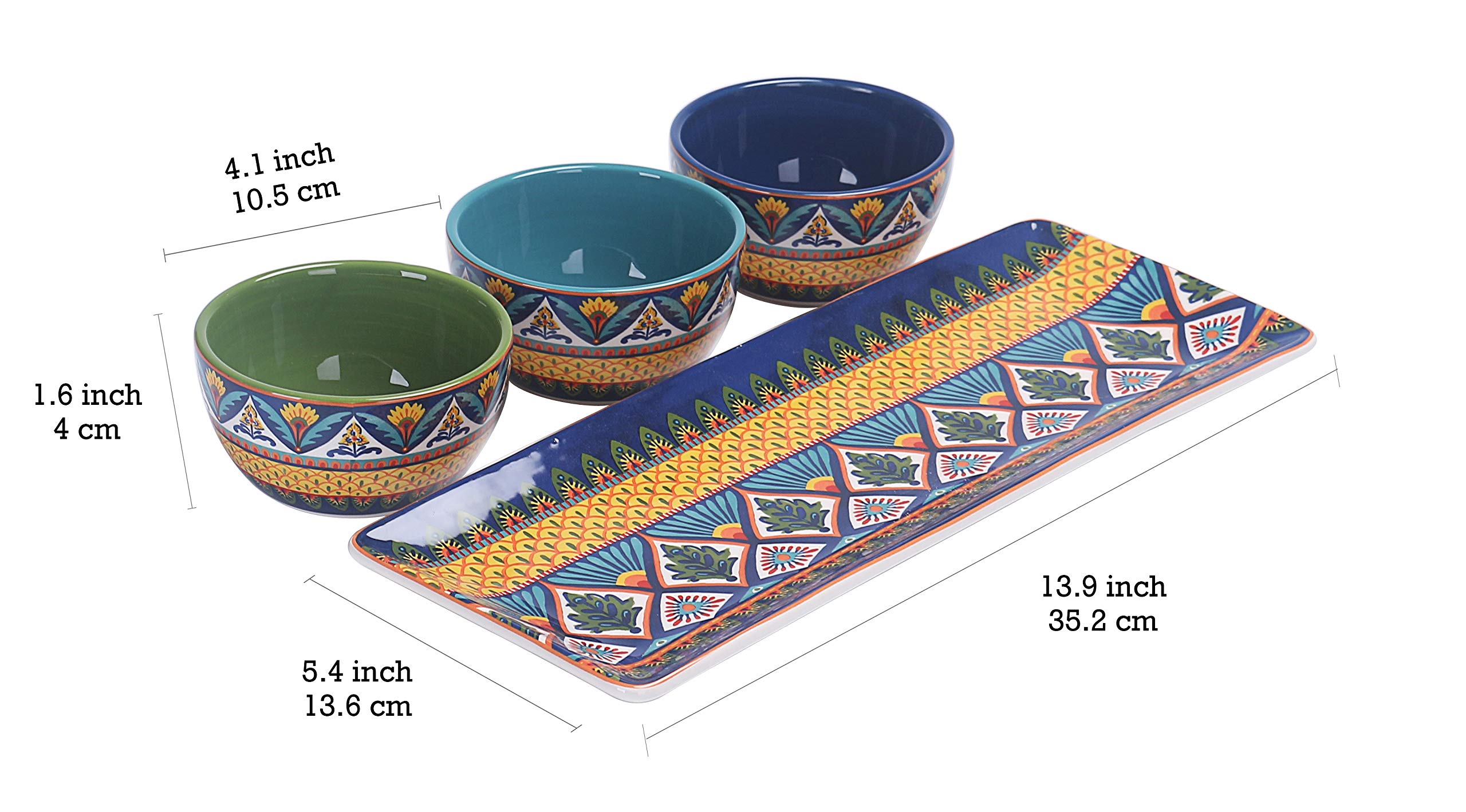 Bico Havana Ceramic Dipping Bowl Set (9oz bowls with 14 inch platter), for Sauce, Nachos, Snacks, Microwave & Dishwasher Safe