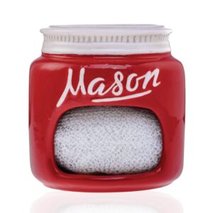 red ceramic mason jar kitchen sponge holder – farmhouse kitchen decor sponge caddy - kitchen sink organizer ceramic sponge holder - kitchen organizer retro decor for cute kitchen accessories (red)