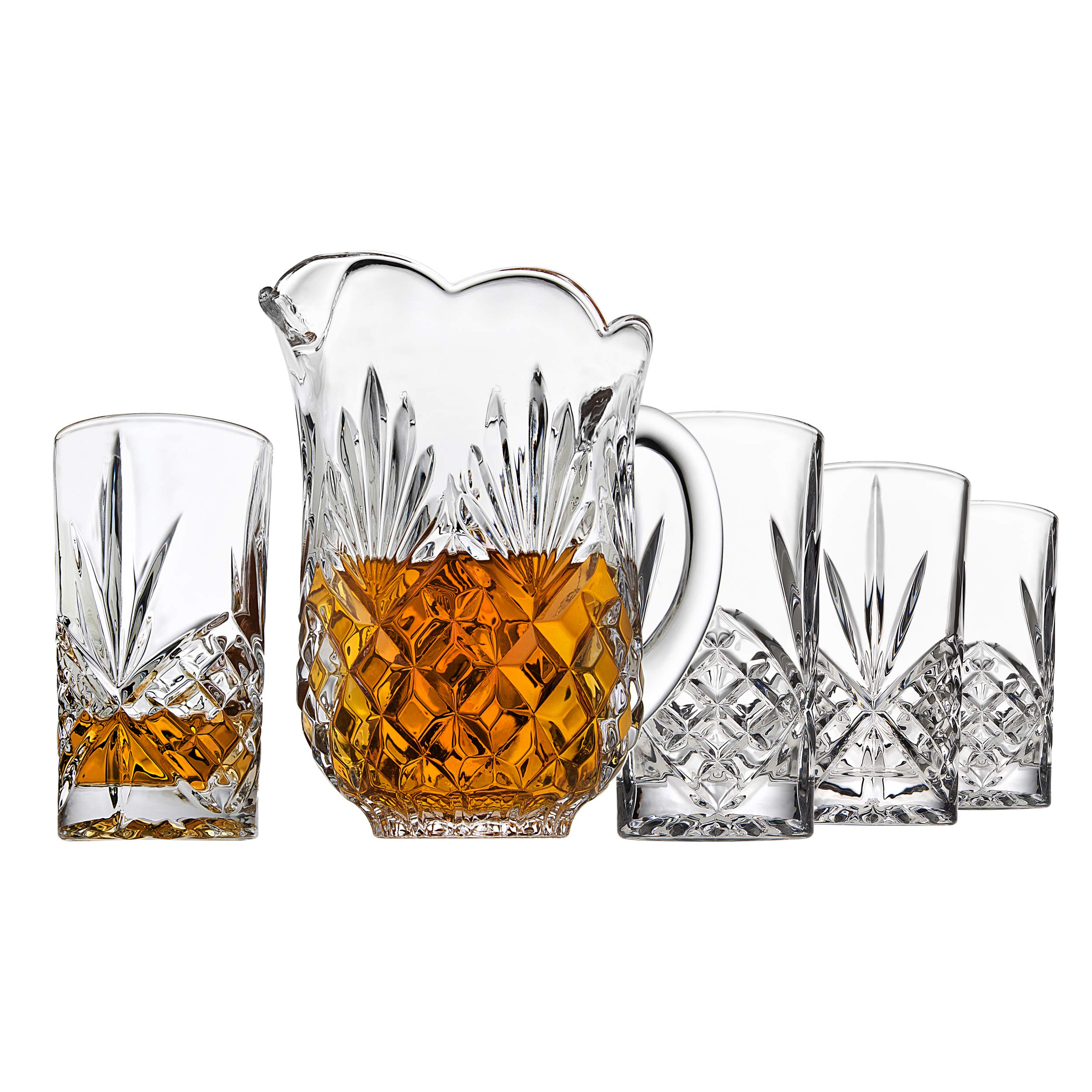 Elegant Crystal Pitcher Drinkware Set with 4 Crystal highball Tumblers, Beautiful Jug with handle and Spout for Chilled Beverage Homemade Juice, Iced Tea or Water