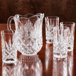 Elegant Crystal Pitcher Drinkware Set with 4 Crystal highball Tumblers, Beautiful Jug with handle and Spout for Chilled Beverage Homemade Juice, Iced Tea or Water