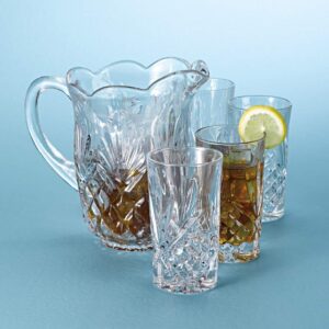 Elegant Crystal Pitcher Drinkware Set with 4 Crystal highball Tumblers, Beautiful Jug with handle and Spout for Chilled Beverage Homemade Juice, Iced Tea or Water