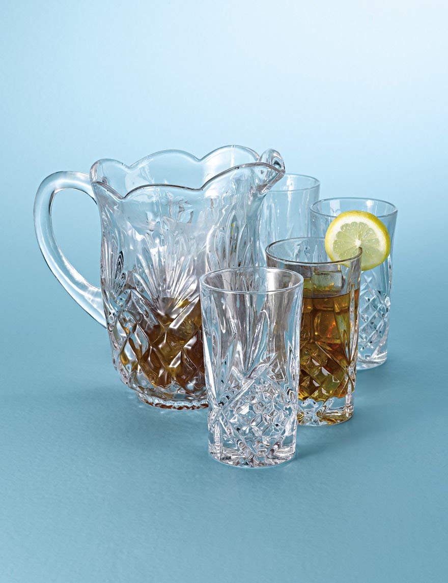 Elegant Crystal Pitcher Drinkware Set with 4 Crystal highball Tumblers, Beautiful Jug with handle and Spout for Chilled Beverage Homemade Juice, Iced Tea or Water