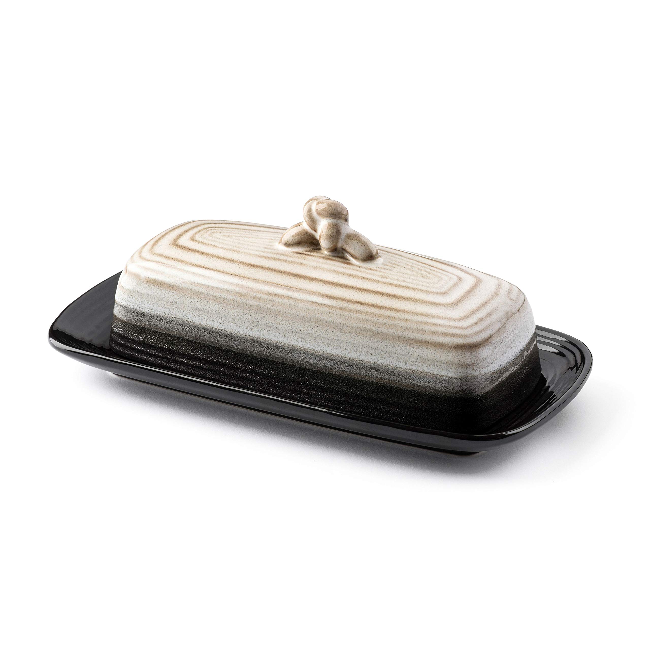 Ceramic Butter Dish w Handle Cover and Plate 2-Piece Combo Dark, Contemporary Kitchen Décor Decorative, Modern Design for Kitchen, Dining Room (Midnight)