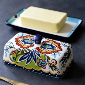 HEMOTON Ceramic Butter Dish with Lid, Farmhouse Butter Plate with Cover Porcelain Butter Containers Cheese Container Holder Appetizer Serving Tray for Kitchen Decor