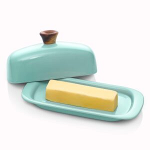 dowan butter dish with lid, ceramic butter keeper, 8 inch farmhouse butter holder with handle cover, butter container perfect for east west coast butter, turquoise