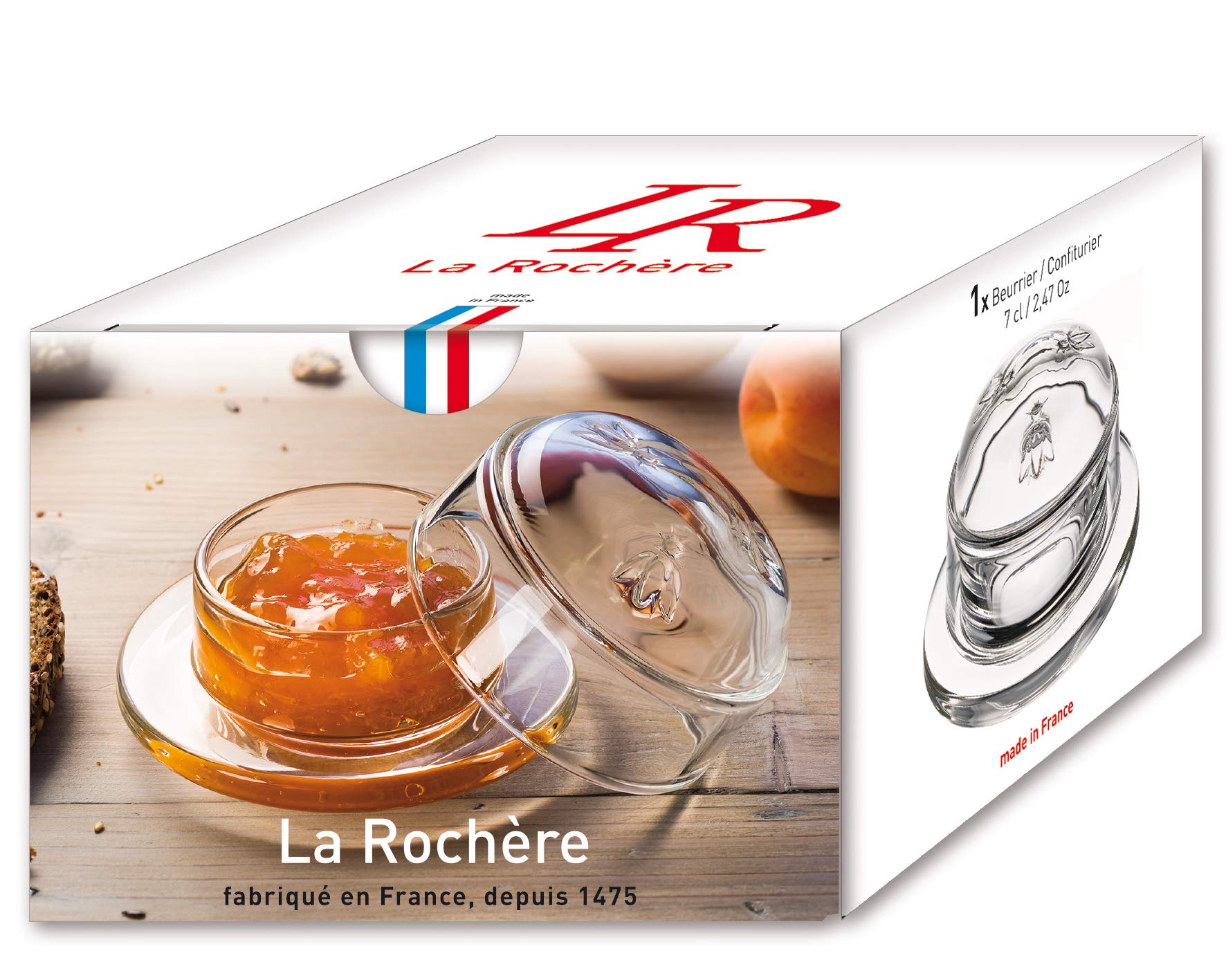 Butter Dish, Round, Clear Glass With Bee Design on Cover - By La Rochere - France