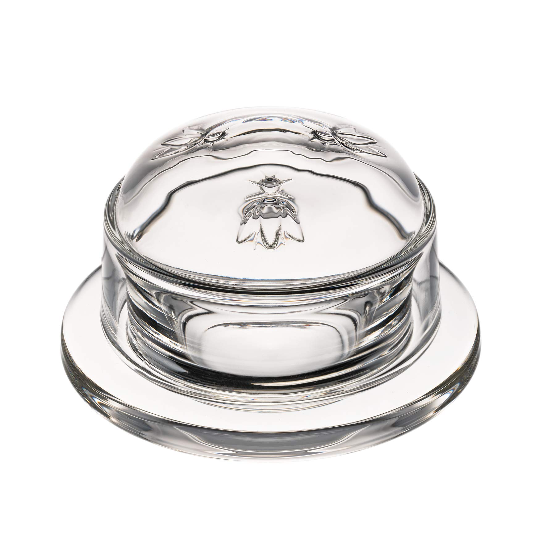 Butter Dish, Round, Clear Glass With Bee Design on Cover - By La Rochere - France