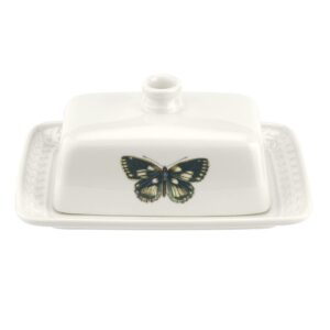 portmeirion botanic garden harmony covered butter dish, 7.5-inch butterfly design ceramic butter dish with lid for countertop, made of earthenware, dishwasher safe