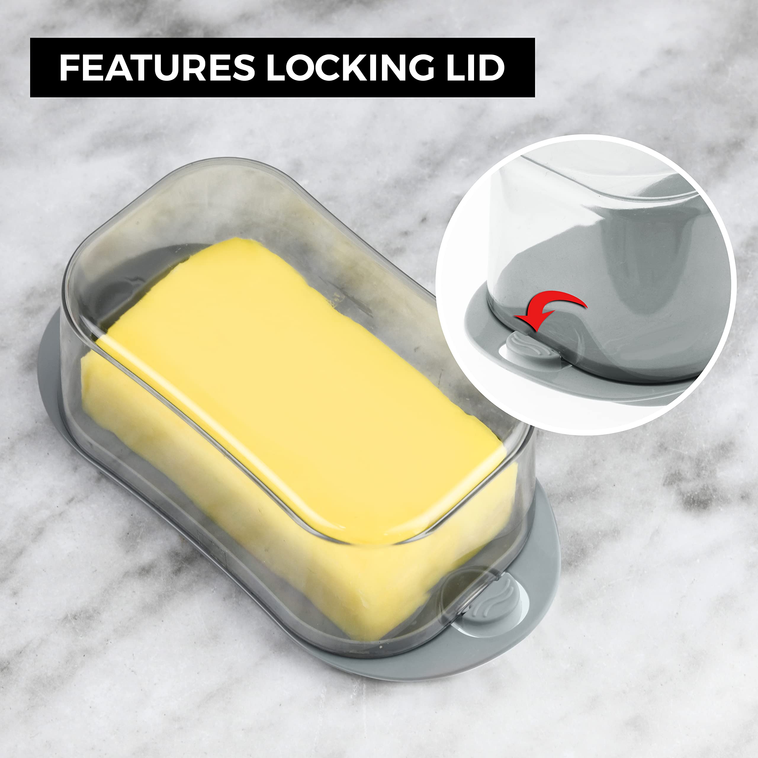 Plastic Butter Dish With Lid, Easy One Hand Slicing Butter Holder, A Perfect butter keeper For Fridge, - Locking Lid - Dishwasher Safe