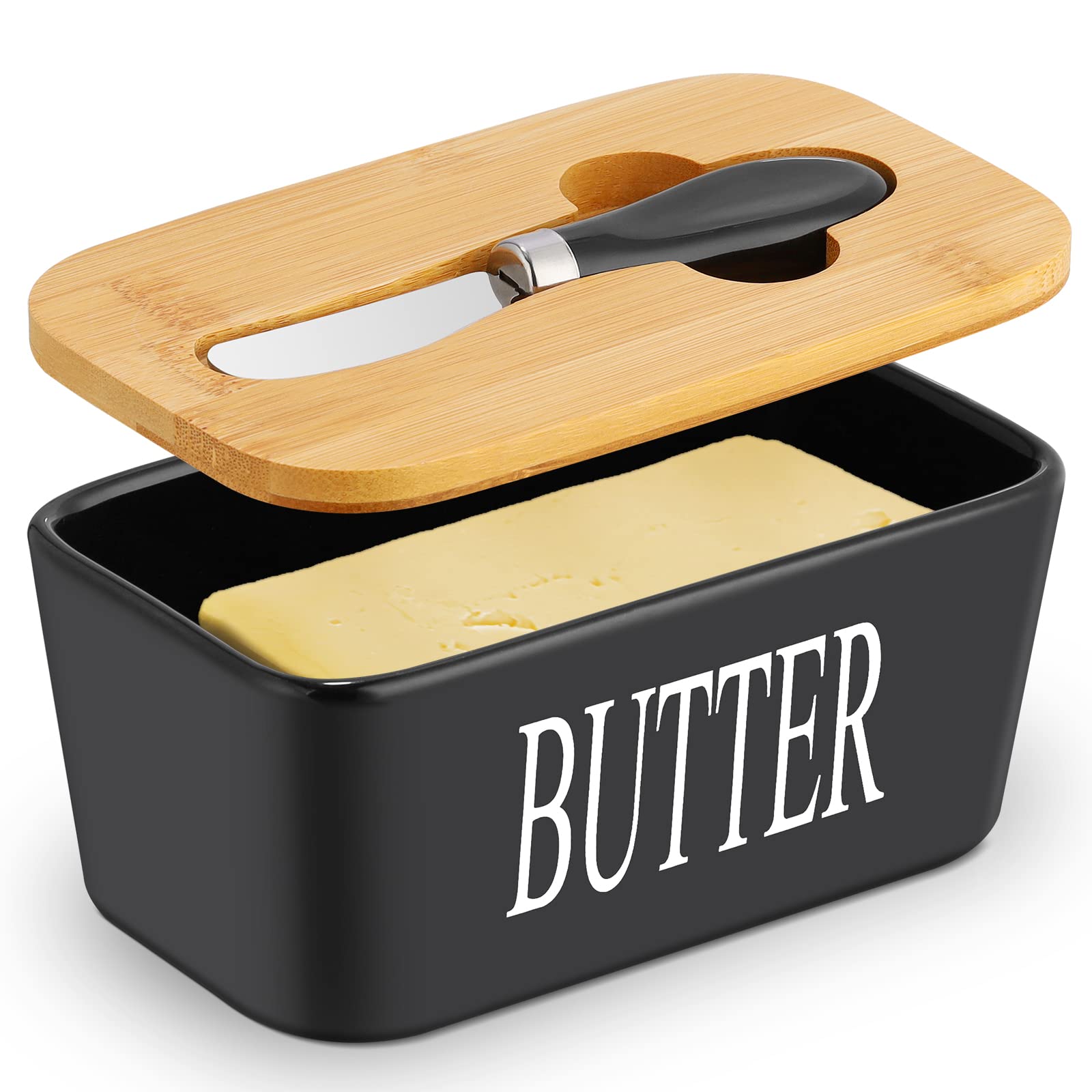 Hossejoy Large Butter Dish with Lid and Knife, Porcelain Butter Keeper Container Designed with Double Silicone Seals, Ceramic Butter Box, Perfect for Home Kitchen Countertop, 650ml (Black)