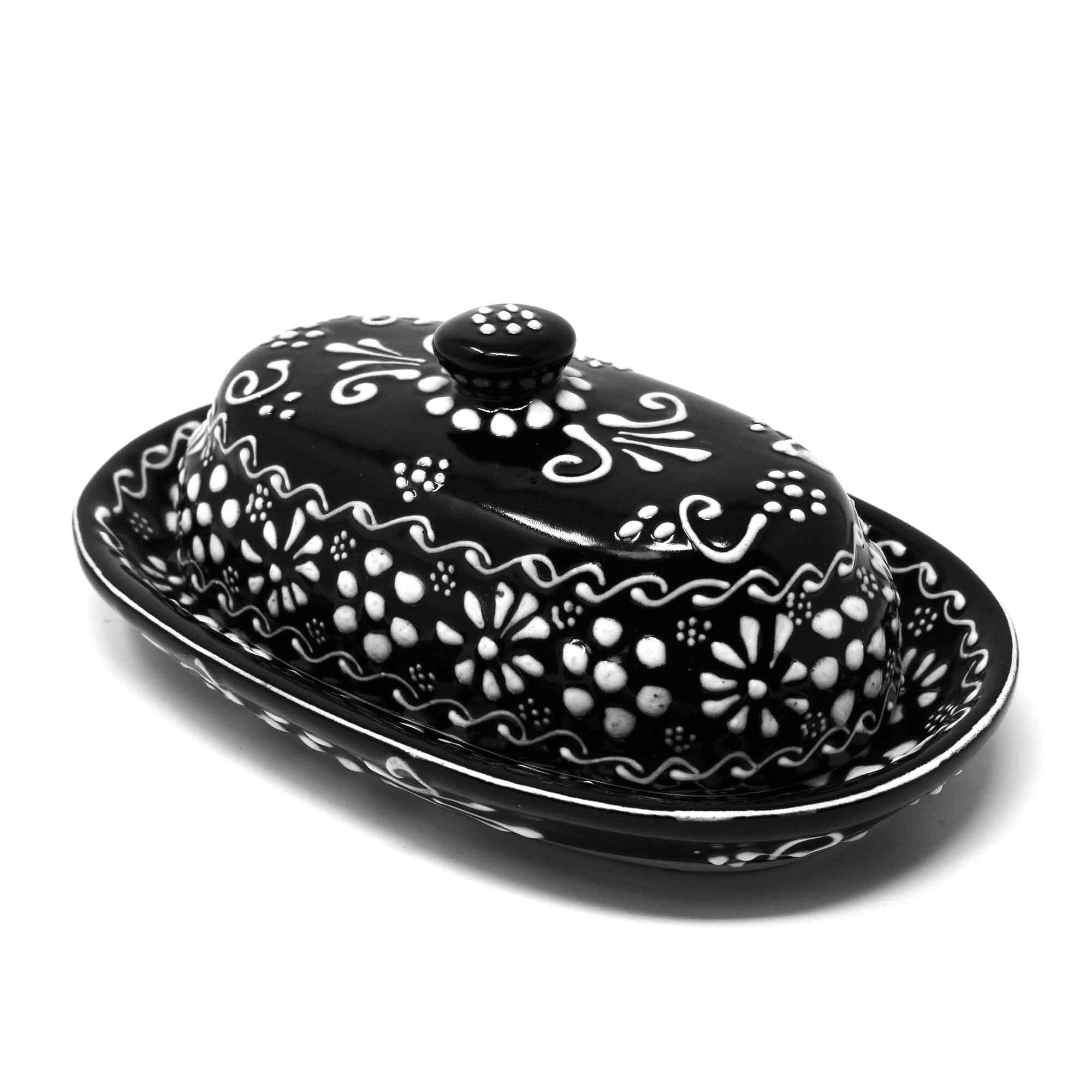 Global Crafts Encantada Handmade Hand-Painted Authentic Mexican Pottery, Butter Dish with Lid, Ink Collection, Black and White, (MC129I)