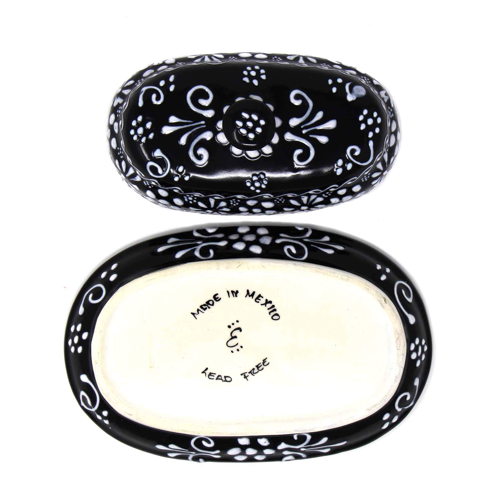 Global Crafts Encantada Handmade Hand-Painted Authentic Mexican Pottery, Butter Dish with Lid, Ink Collection, Black and White, (MC129I)