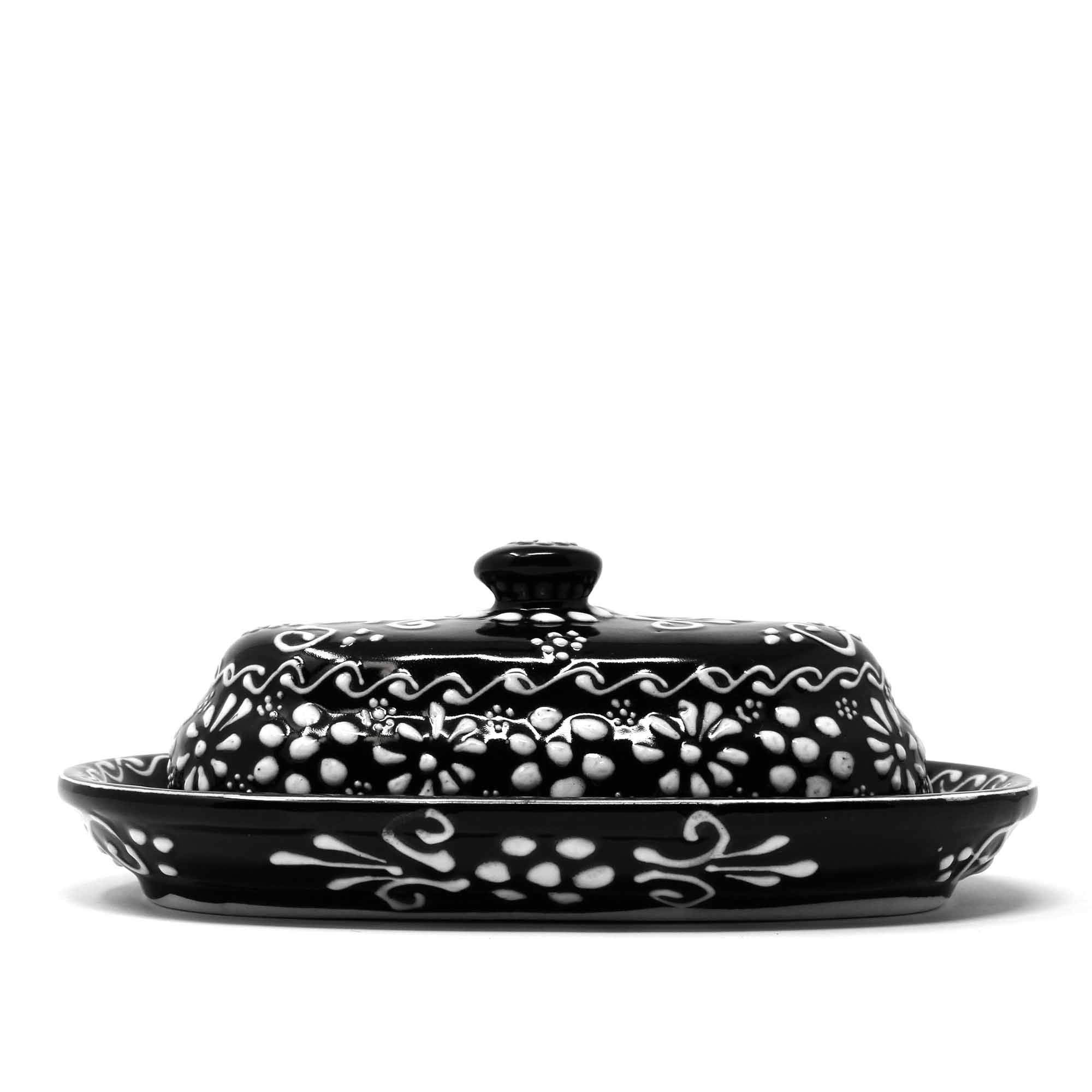 Global Crafts Encantada Handmade Hand-Painted Authentic Mexican Pottery, Butter Dish with Lid, Ink Collection, Black and White, (MC129I)