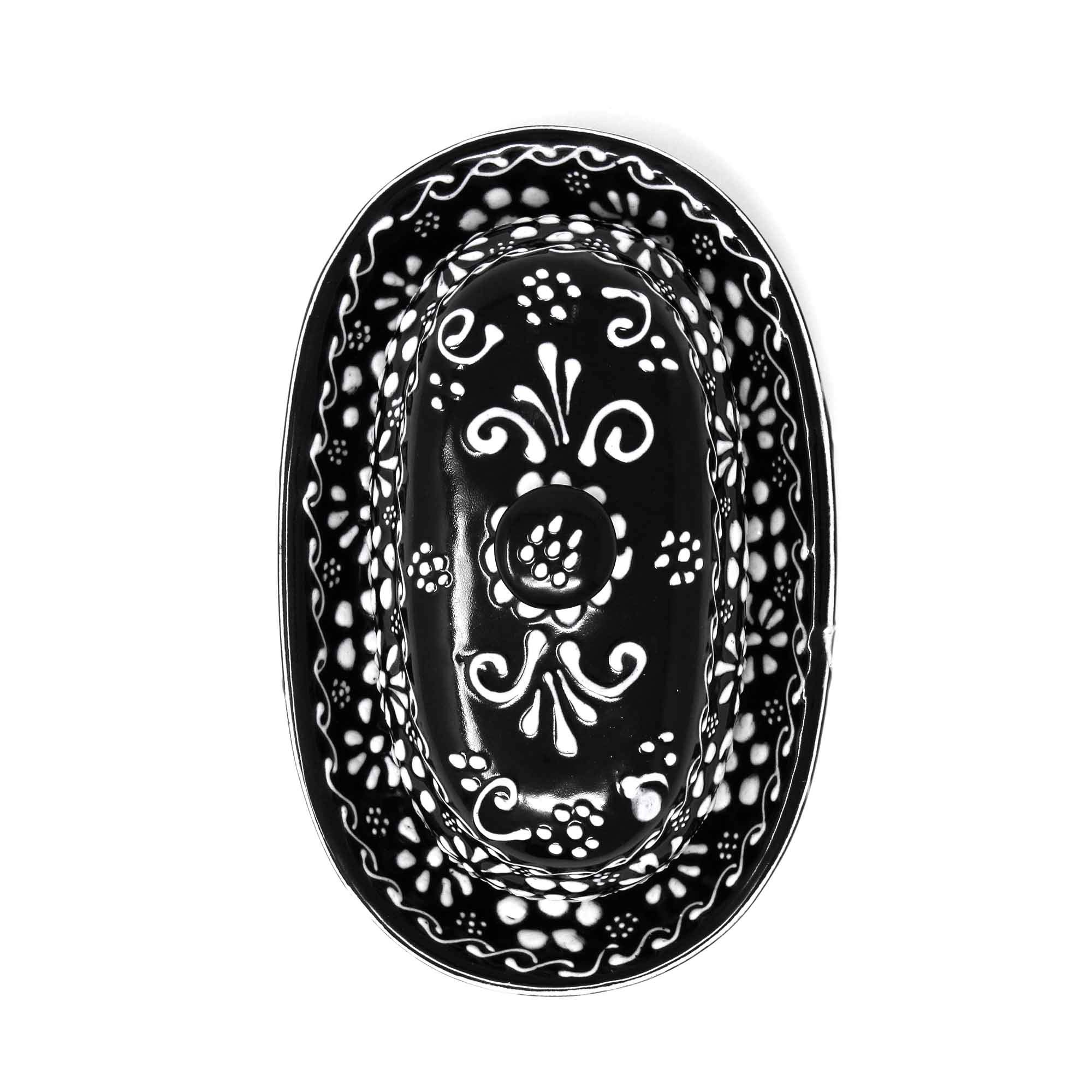 Global Crafts Encantada Handmade Hand-Painted Authentic Mexican Pottery, Butter Dish with Lid, Ink Collection, Black and White, (MC129I)