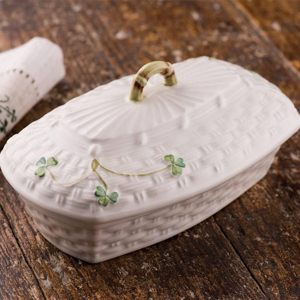 Belleek Shamrock Covered Butter Dish, Porcelain