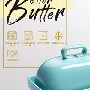 Better Butter Porcelain Butter Dish, Butter Dish with Lid, Butter Keeper - Hold 4oz East/West Coast Butter Stick and 8oz Kerrygold Butter - Easy to Grip, Turquoise