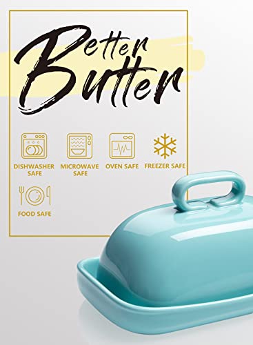 Better Butter Porcelain Butter Dish, Butter Dish with Lid, Butter Keeper - Hold 4oz East/West Coast Butter Stick and 8oz Kerrygold Butter - Easy to Grip, Turquoise