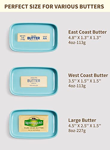 Better Butter Porcelain Butter Dish, Butter Dish with Lid, Butter Keeper - Hold 4oz East/West Coast Butter Stick and 8oz Kerrygold Butter - Easy to Grip, Turquoise