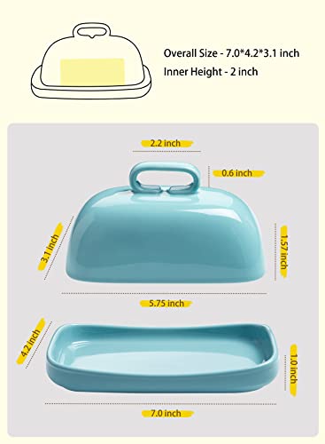 Better Butter Porcelain Butter Dish, Butter Dish with Lid, Butter Keeper - Hold 4oz East/West Coast Butter Stick and 8oz Kerrygold Butter - Easy to Grip, Turquoise