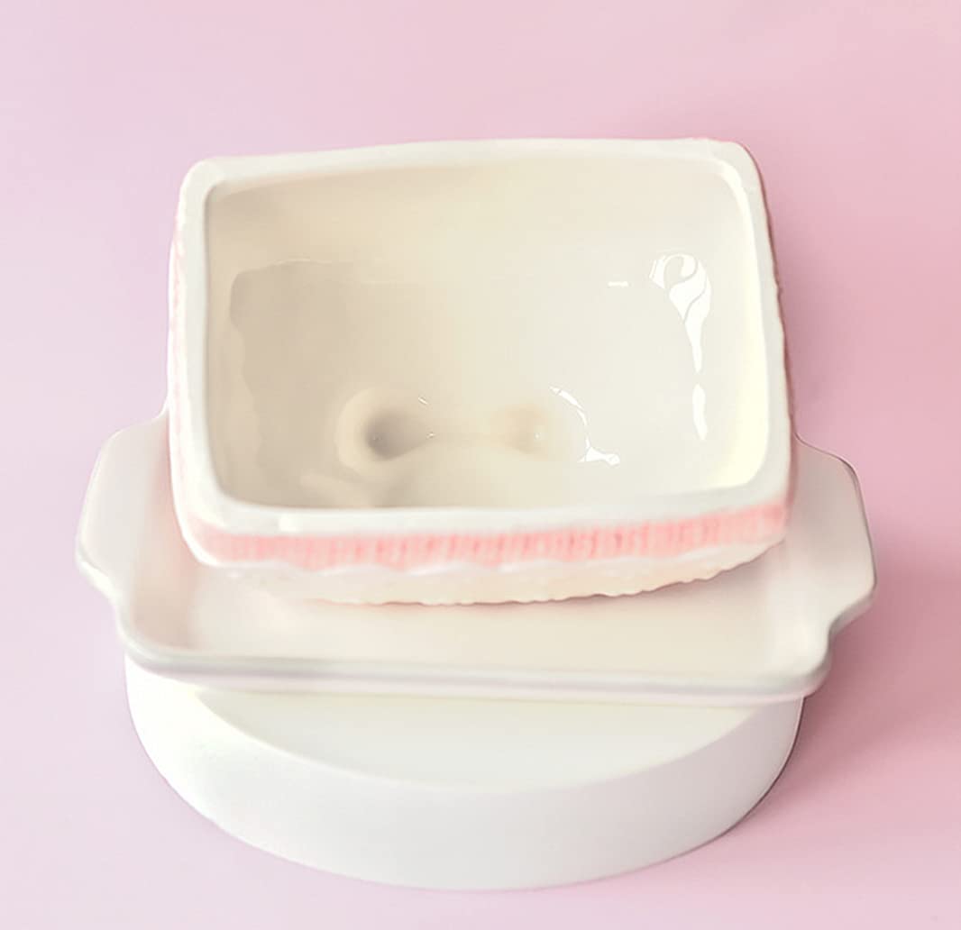 Aebor Ceramic Butter Dish with Bow tie No Slip Lid & Handle, for Counter or Fridge, Covered Butter Tray Holder For Butter Storage, Pink