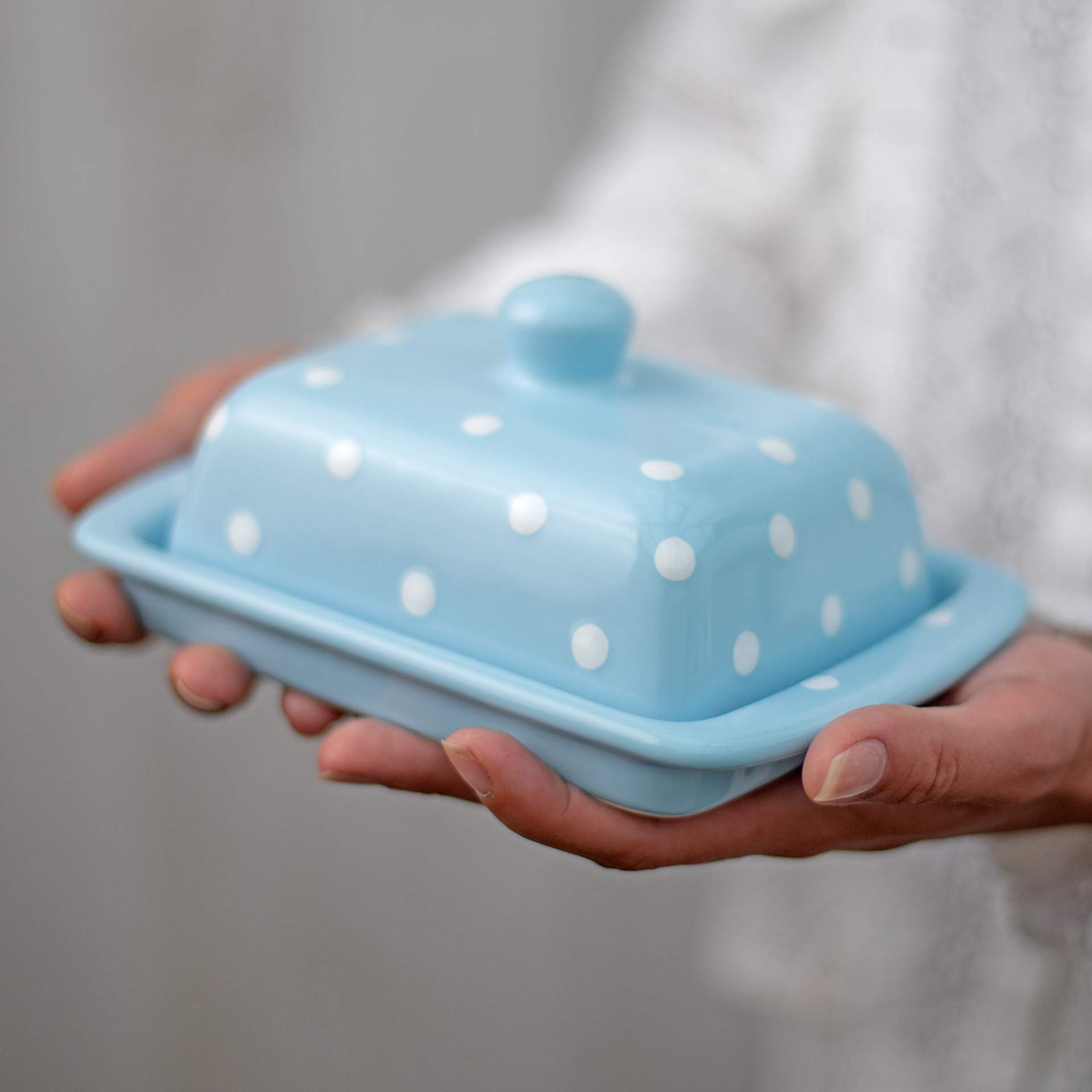 Handmade Ceramic European Covered Butter Dish With Lid | Unique Light Sky Blue and White Polka Dot Pottery Butter Keeper | Housewarming Gift by City to Cottage®