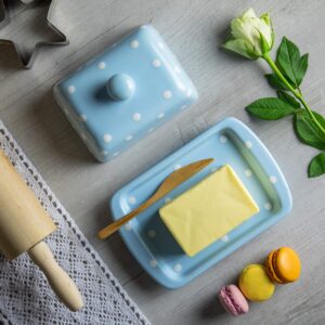 Handmade Ceramic European Covered Butter Dish With Lid | Unique Light Sky Blue and White Polka Dot Pottery Butter Keeper | Housewarming Gift by City to Cottage®