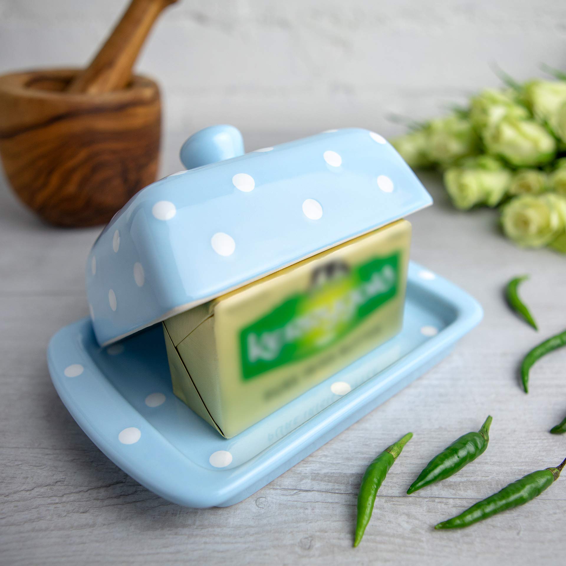 Handmade Ceramic European Covered Butter Dish With Lid | Unique Light Sky Blue and White Polka Dot Pottery Butter Keeper | Housewarming Gift by City to Cottage®