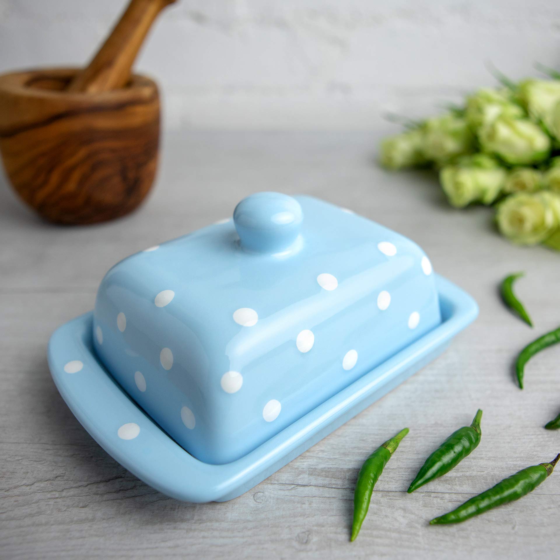 Handmade Ceramic European Covered Butter Dish With Lid | Unique Light Sky Blue and White Polka Dot Pottery Butter Keeper | Housewarming Gift by City to Cottage®