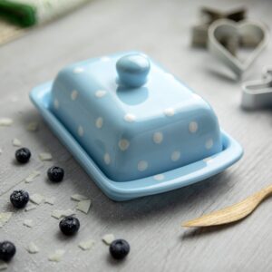 Handmade Ceramic European Covered Butter Dish With Lid | Unique Light Sky Blue and White Polka Dot Pottery Butter Keeper | Housewarming Gift by City to Cottage®