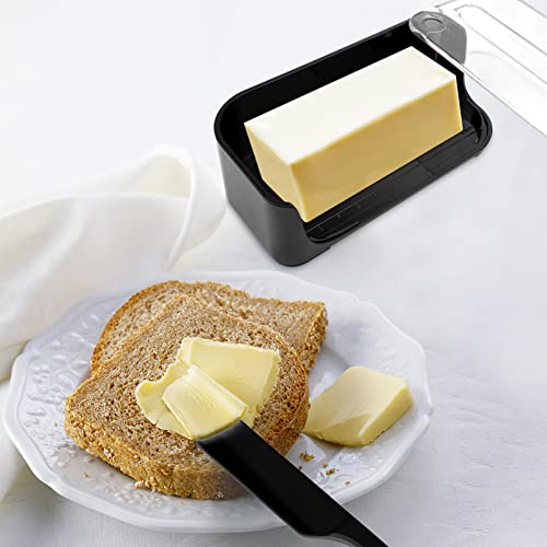 Butter Dish with Lid and Knife, Butter Container for Countertop, Butter Keeper for East West Coast Butter, Butter Keeper for Fridge（Black）