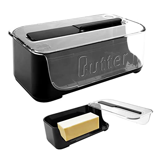 Butter Dish with Lid and Knife, Butter Container for Countertop, Butter Keeper for East West Coast Butter, Butter Keeper for Fridge（Black）