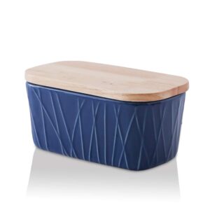 koov porcelain large butter dish with lid for countertop, airtight butter container with oak lid, butter crock, perfect for 2 sticks of butter, irregular striped series (aegean)