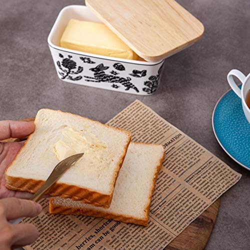 SIDUCAL Butter Dish 6” Butter Keeper with Lid Covered Butter Dish with Wooden Lid Airtight Holds Up to 2 Stick Of Eastern/West Coast Butter Ceramic Porcelain Butter Container Dishwasher Safe(Blck)