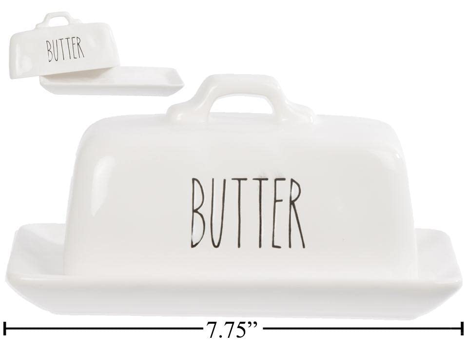 Luciano Housewares Farmhouse Modern Ceramic Butter Dish, 7.25 inches, White