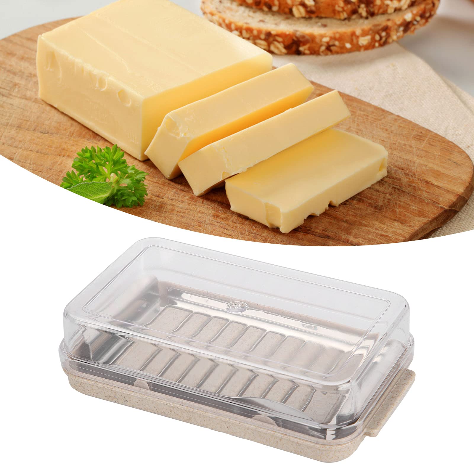 plplaaoo Stainless Steel Butter Storage Box, Butter Cutter Container, Cheese Storage Box with Transparent Cover, Butter Cutter Container, Kitchen Supplies for Home Kitchen(Wheat), Butter Slicer cu