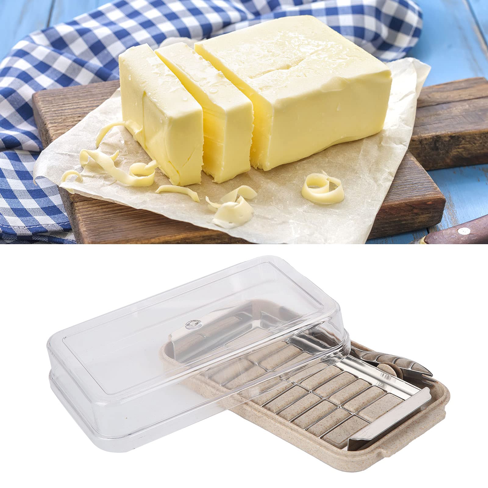 plplaaoo Stainless Steel Butter Storage Box, Butter Cutter Container, Cheese Storage Box with Transparent Cover, Butter Cutter Container, Kitchen Supplies for Home Kitchen(Wheat), Butter Slicer cu