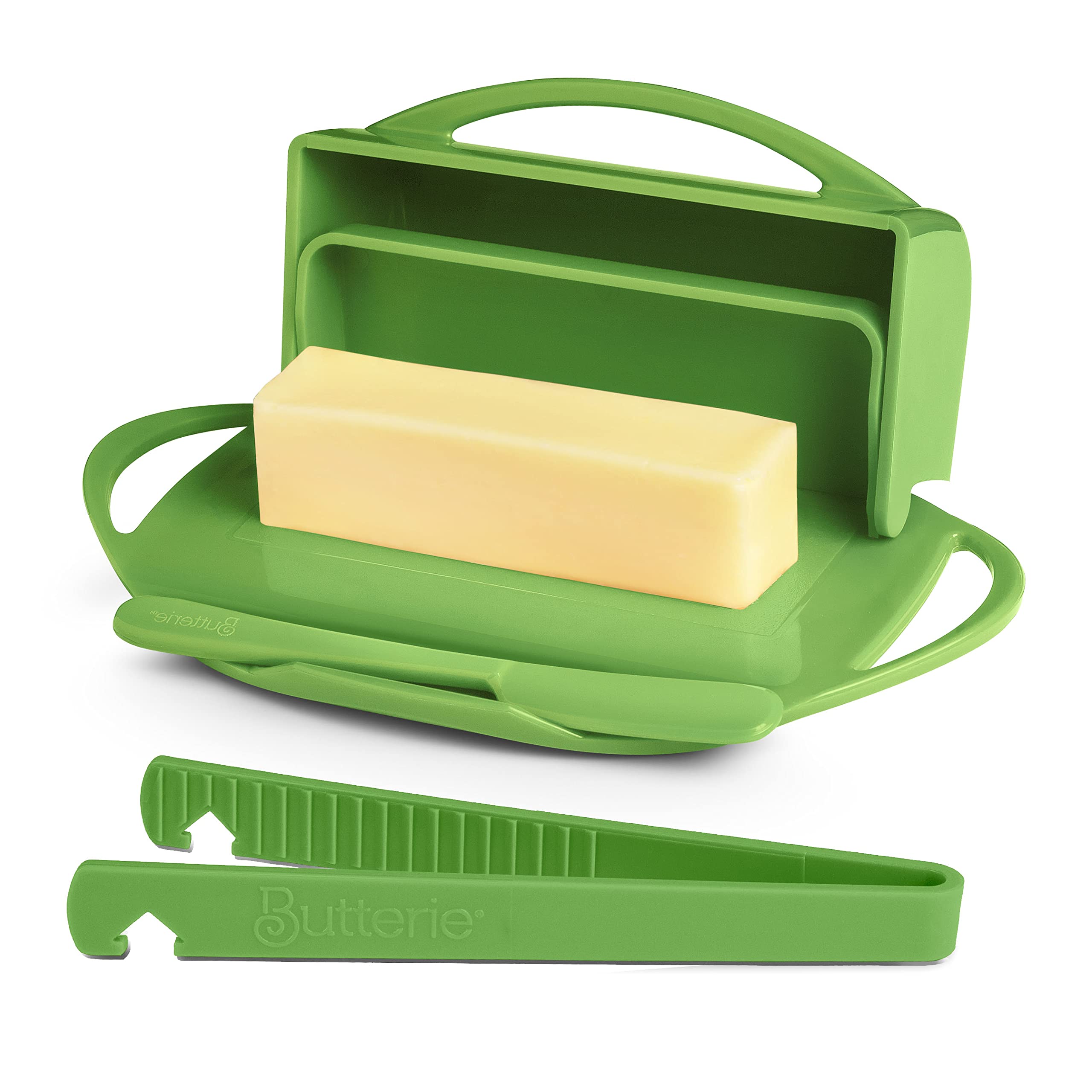 Butterie Flip-Top Butter Dish and Toaster Tongs Bundle (Green)