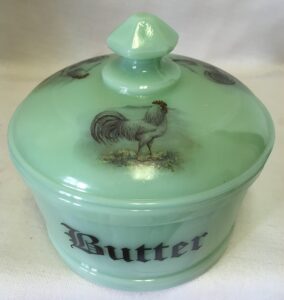 butterdish / butter tub - "butter" w/ white leghorn rooster chicken - jade jadeite jadite green glass - american made