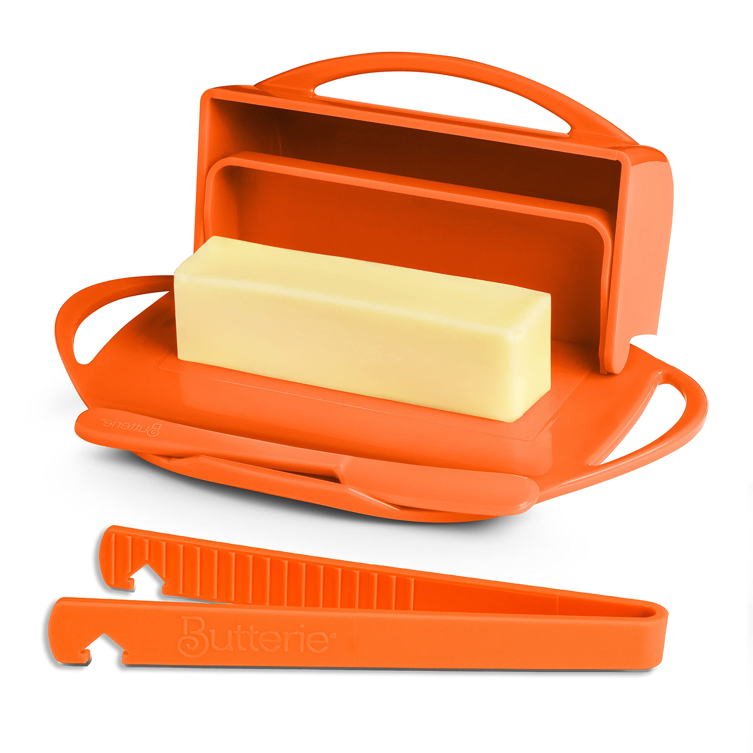 Butterie Flip-Top Butter Dish and Toaster Tongs Bundle (Orange)