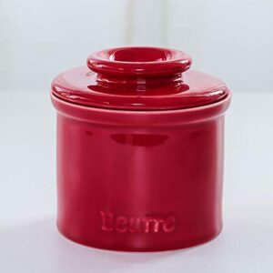 brt ceramic french butter keeper crock storage jar butter serving dish (red)