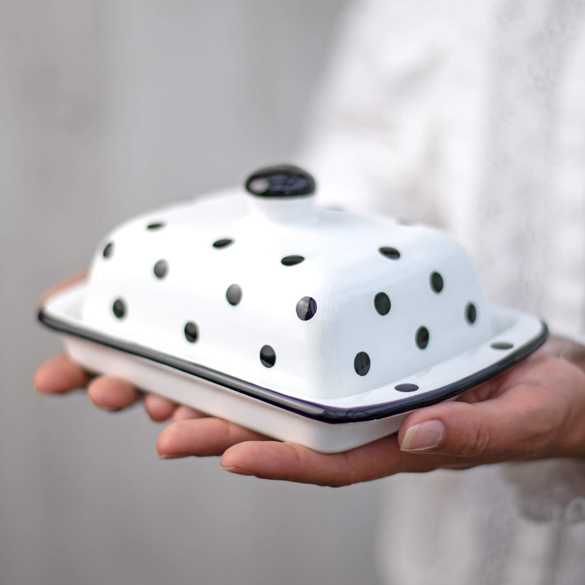 Handmade Ceramic European Covered Butter Dish With Lid | Unique White and Black Polka Dot Pottery Butter Keeper | Housewarming Gift by City to Cottage®