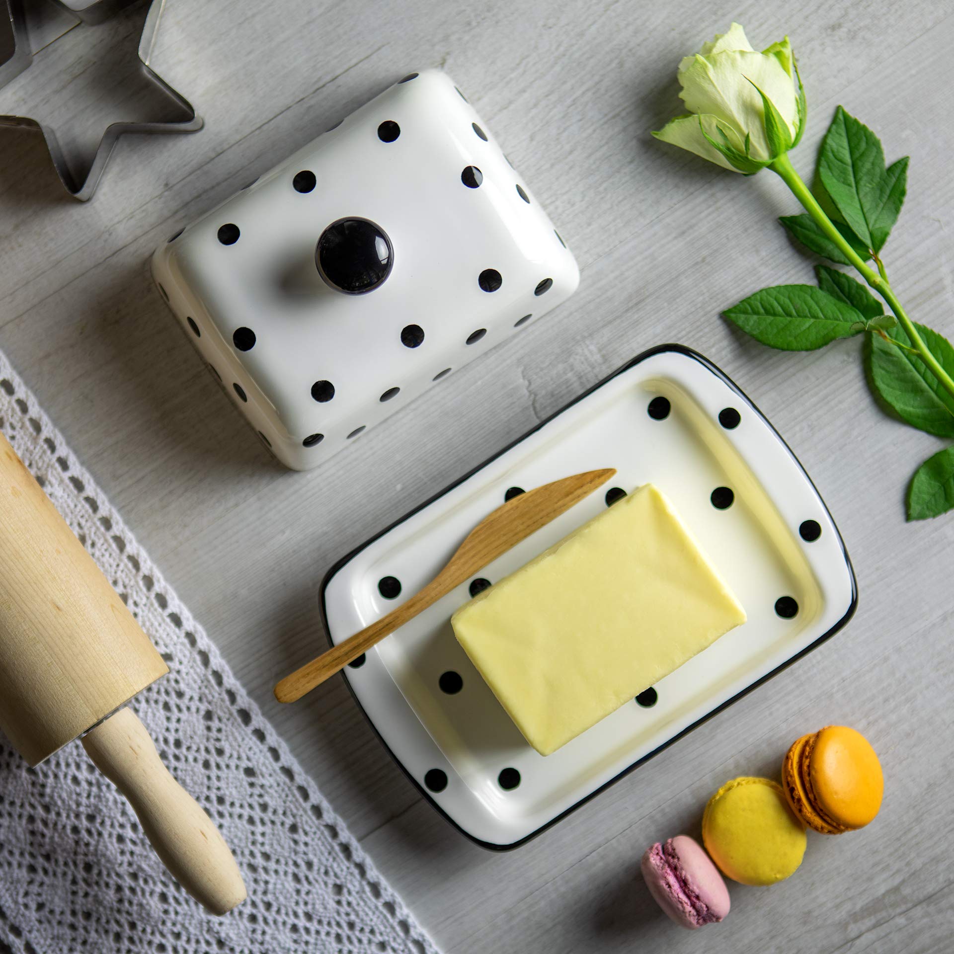 Handmade Ceramic European Covered Butter Dish With Lid | Unique White and Black Polka Dot Pottery Butter Keeper | Housewarming Gift by City to Cottage®