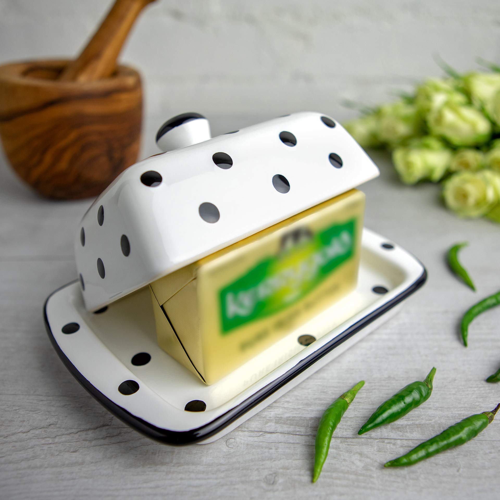 Handmade Ceramic European Covered Butter Dish With Lid | Unique White and Black Polka Dot Pottery Butter Keeper | Housewarming Gift by City to Cottage®