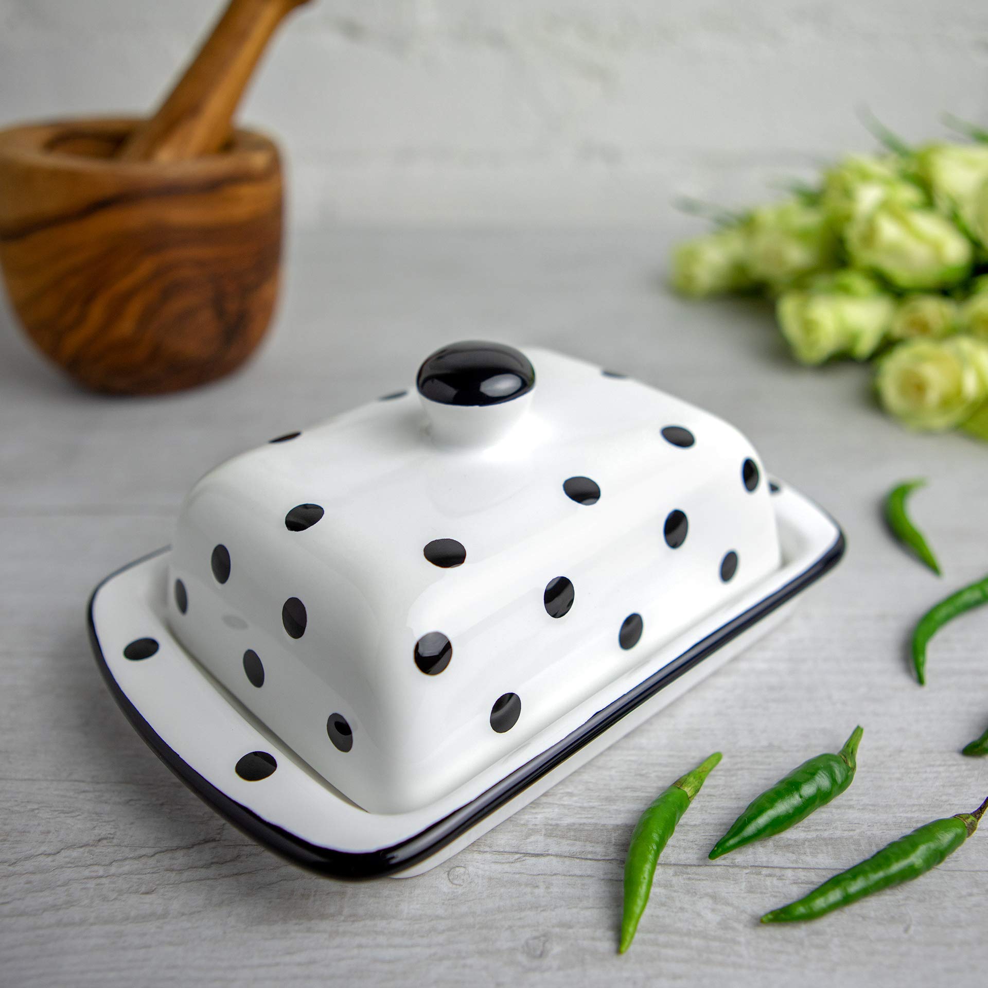 Handmade Ceramic European Covered Butter Dish With Lid | Unique White and Black Polka Dot Pottery Butter Keeper | Housewarming Gift by City to Cottage®