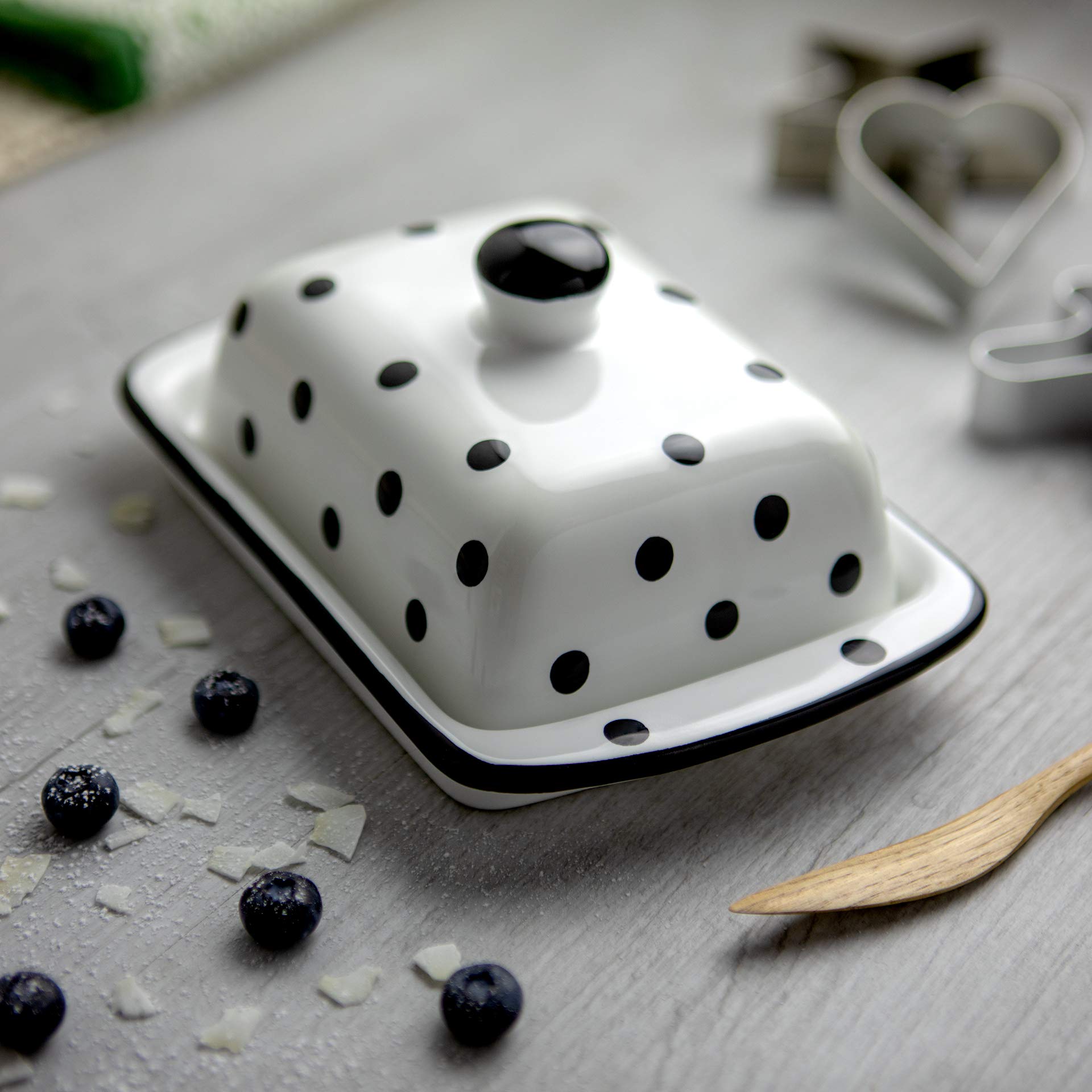 Handmade Ceramic European Covered Butter Dish With Lid | Unique White and Black Polka Dot Pottery Butter Keeper | Housewarming Gift by City to Cottage®