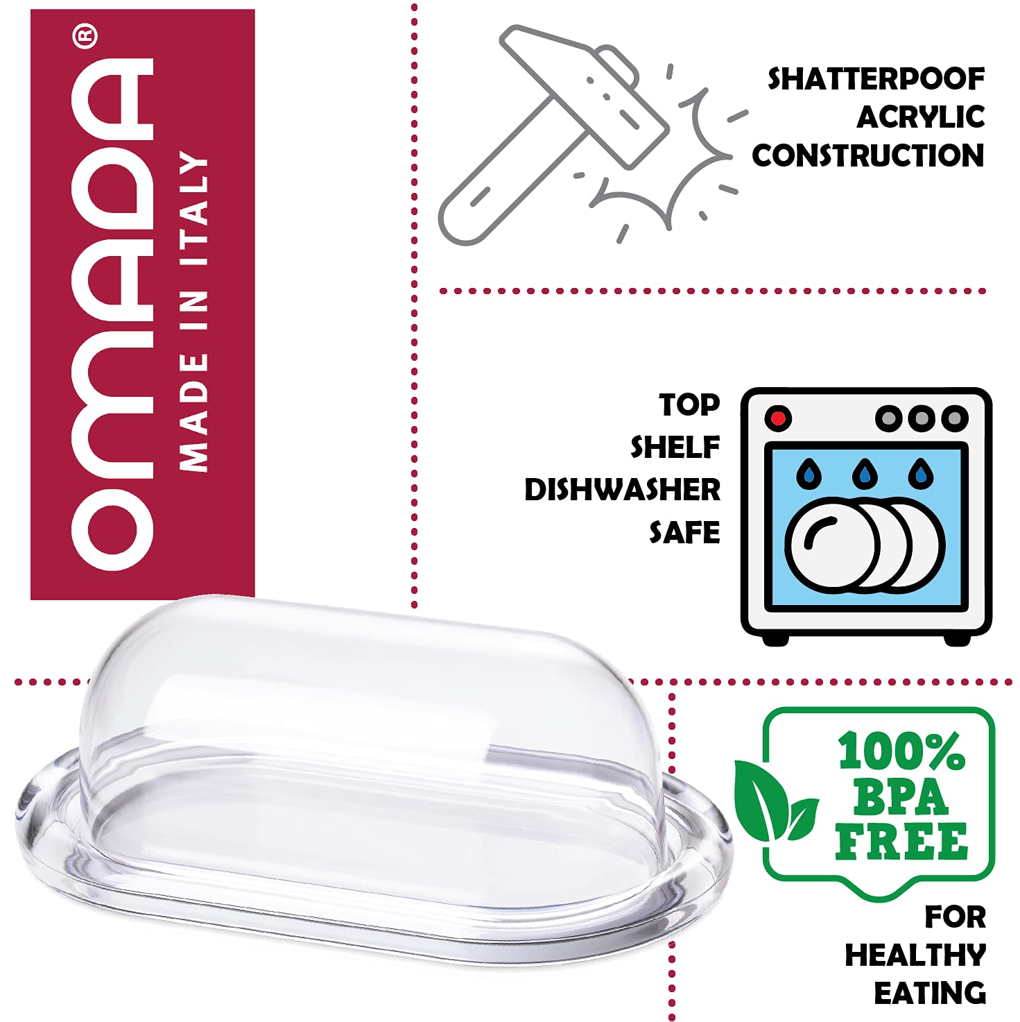 Omada Acrylic Covered Butter Dish: Large Clear and White Butter Keeper and Cream Cheese Container – Dishwasher Safe European Butter Dish with Lid – 3” Wide Butter Holder for Counter