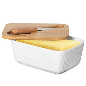 tisement versatile butter dish, ceramic embossed butter dish with lid for countertop, high-quality butter keeper with bamboo cover and knife for kitchen , butter container ,cheese bowl,butter box