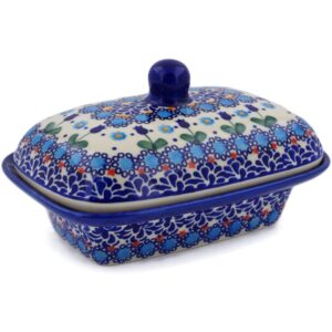 polish pottery 7¼-inch butter dish (blue tulip garden theme) signature unikat + certificate of authenticity