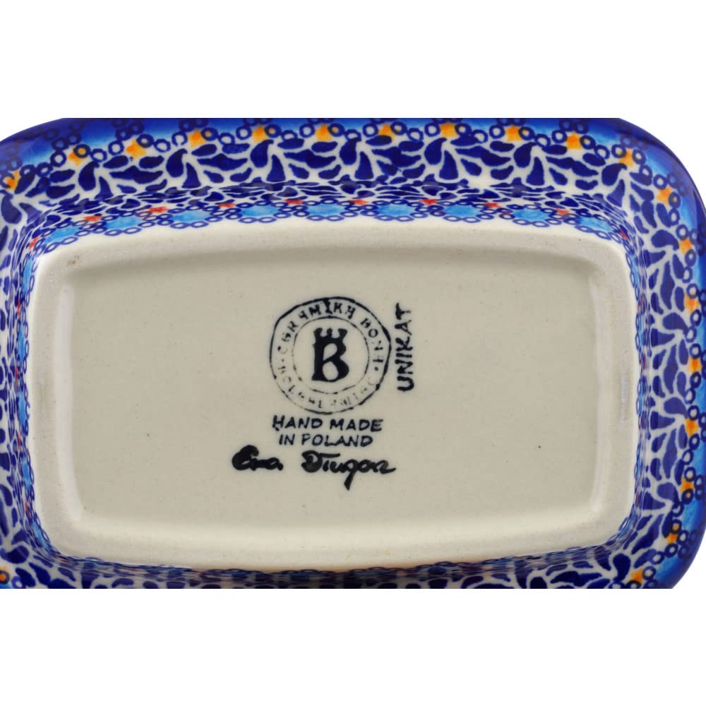 Polish Pottery 7¼-inch Butter Dish (Blue Tulip Garden Theme) Signature UNIKAT + Certificate of Authenticity